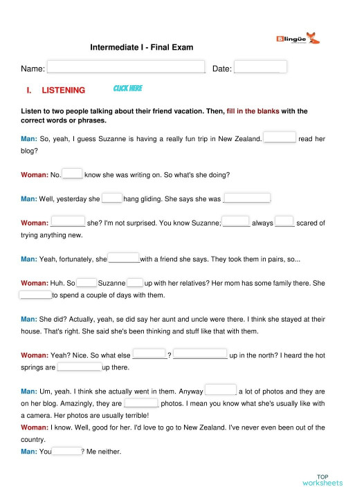 Intermediate I (Final Exam). Interactive worksheet | TopWorksheets