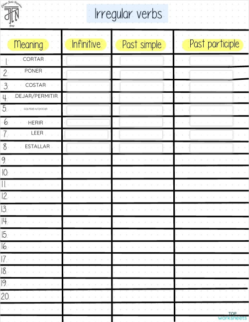 VERBOS IRREGULARES 5º II (Tabla 2). Ficha interactiva | TopWorksheets