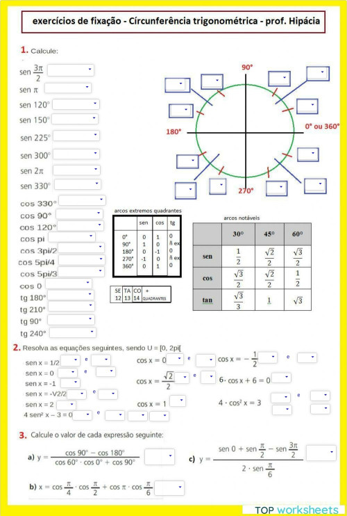 Exercício de círculo trigonométrico e ângulos congruos. Ficha interativa | TopWorksheets