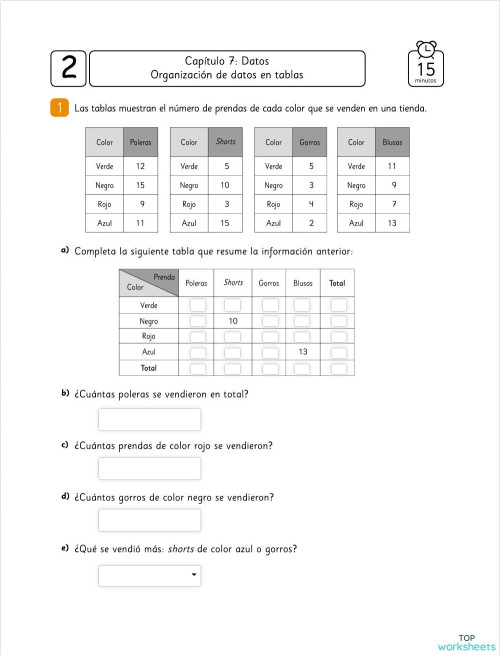 Organización de datos en tablas. Ficha interactiva | TopWorksheets