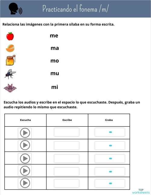 Practicando el fonema /m/. Ficha interactiva | TopWorksheets