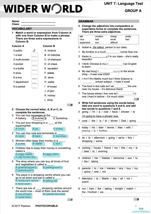Wider world 2 Language test 7. Interactive worksheet | TopWorksheets