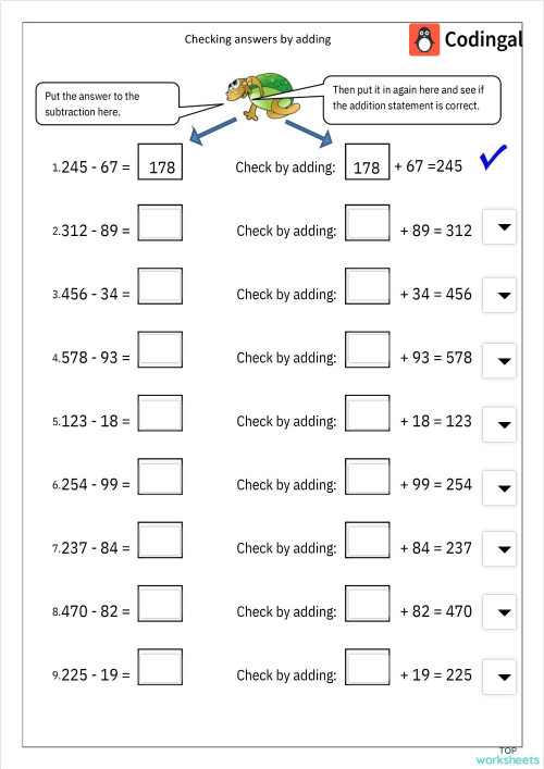 M_G02M07L34_WE01_Verifying Subtraction Using Addition. Interactive worksheet | TopWorksheets