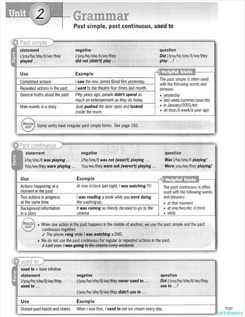 UNIT 2 PAST SIMPLE PAST CONTINUOUS USED TO. Interactive worksheet ...