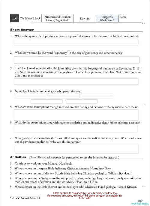 Chapter 6: Pg 120 Minerals and Creation Science Worksheet 2 ...