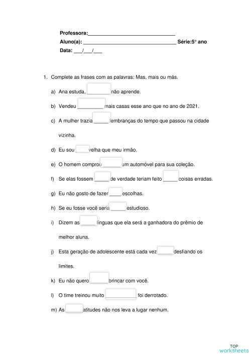 Mas, mais ou más. Ficha interativa | TopWorksheets