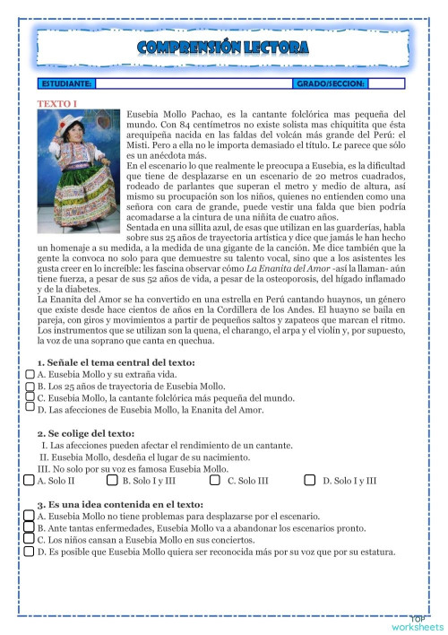 COMPRENSIÓN LECTORA. Ficha interactiva | TopWorksheets