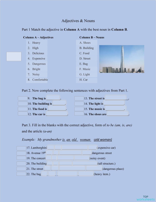 Adjectives & Nouns, Articles. Interactive worksheet | TopWorksheets