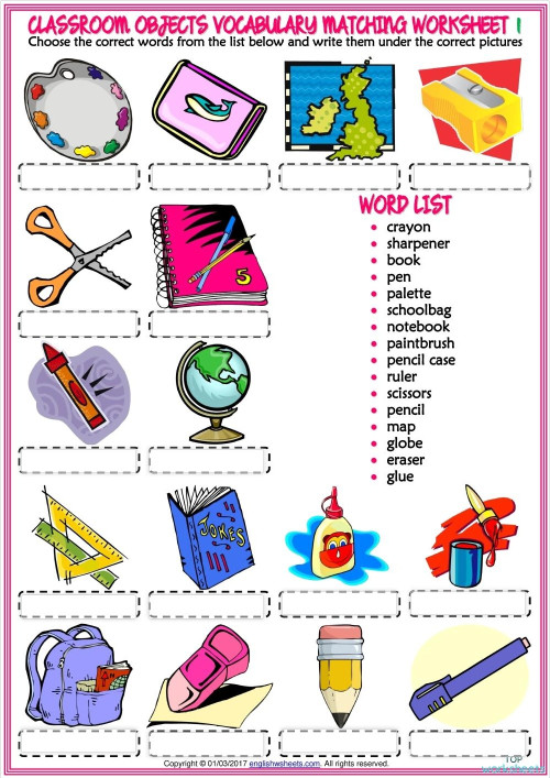Classroom objects 1 ใบงานเชิงโต้ตอบ | TopWorksheets
