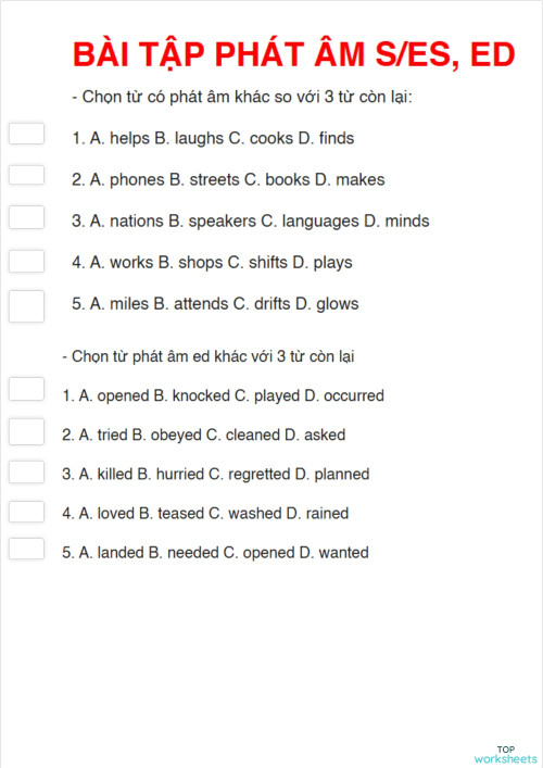 Phát âm s/es/ed (01). Interactive worksheet | TopWorksheets
