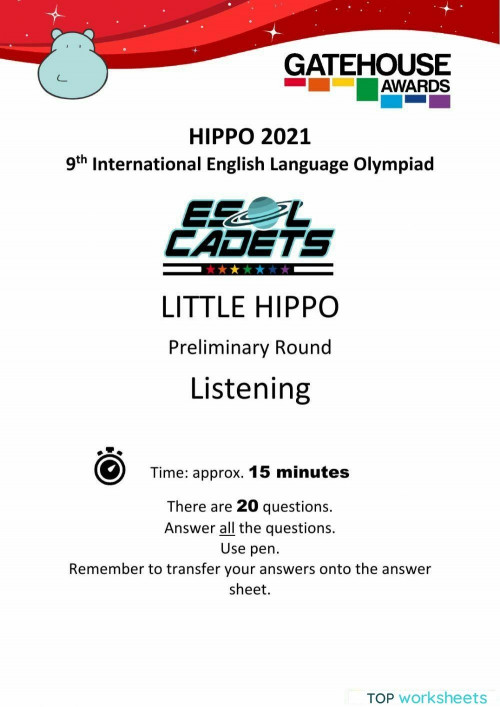Little Hippo 2021. Interactive worksheet | TopWorksheets