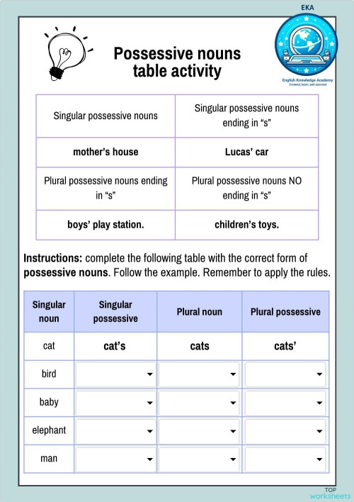 Possessive nouns table activity. Interactive worksheet | TopWorksheets