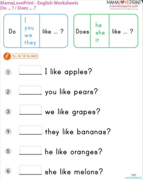 Do you like/Does she like?. Interactive worksheet | TopWorksheets