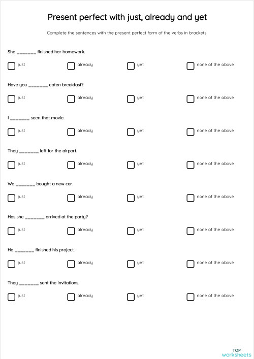 Present perfect with just, already and yet. Ficha interactiva ...