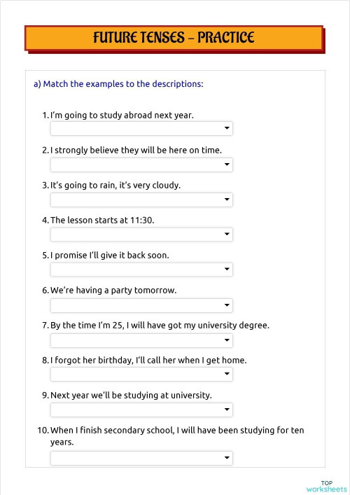 Future tenses - practice 1. Interactive worksheet | TopWorksheets