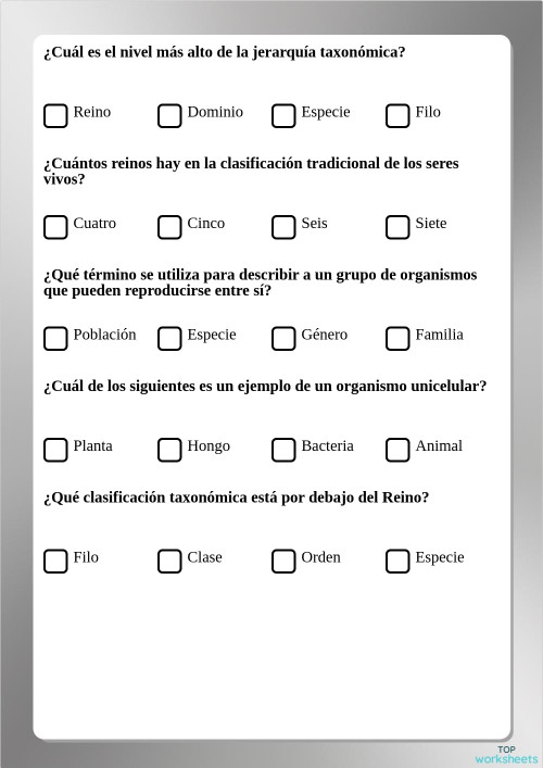 Taxonomía de los seres vivos. Ficha interactiva | TopWorksheets