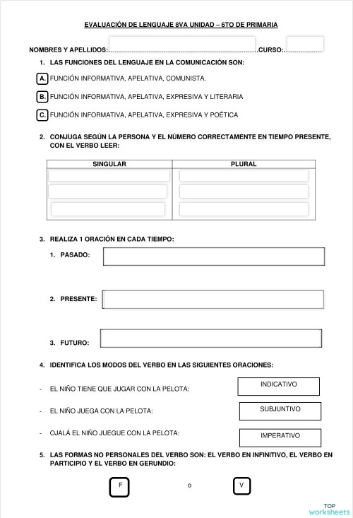 EVALUACION 6TO DE PRIMARIA 8VA UNIDAD. Ficha interactiva | TopWorksheets