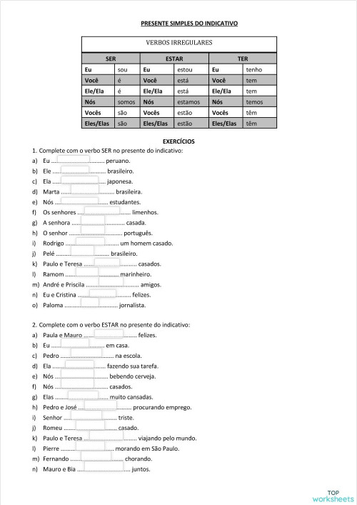 Presente dos verbos: Ser, Ter e Estar. Ficha interativa | TopWorksheets