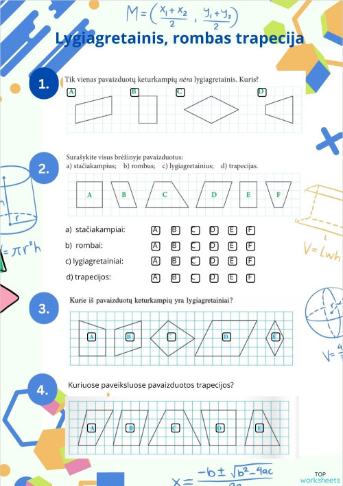 Lygiagretainis, rombas, trapecija. Interactive worksheet | TopWorksheets