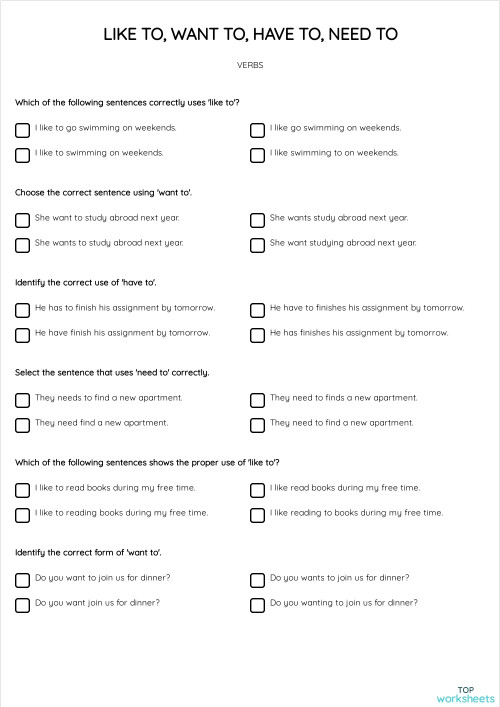 LIKE TO, WANT TO, HAVE TO, NEED TO. Interactive worksheet | TopWorksheets