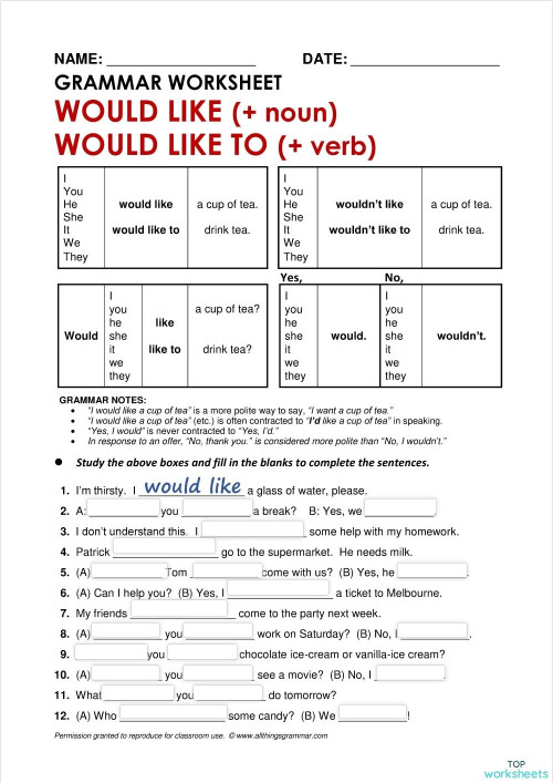 Would like - Would like to. Interactive worksheet | TopWorksheets