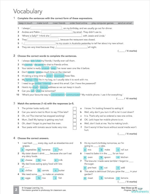 Close-up A2 Progress Test 2 Vocabulary. Interactive worksheet ...