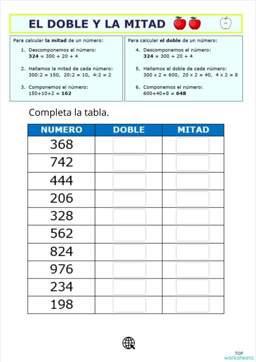 El doble y la mitad ABN 01. Ficha interactiva | TopWorksheets
