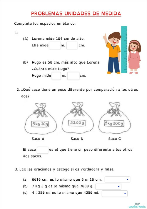 PROBLEMAS DE MEDIDAS 1. Ficha interactiva | TopWorksheets