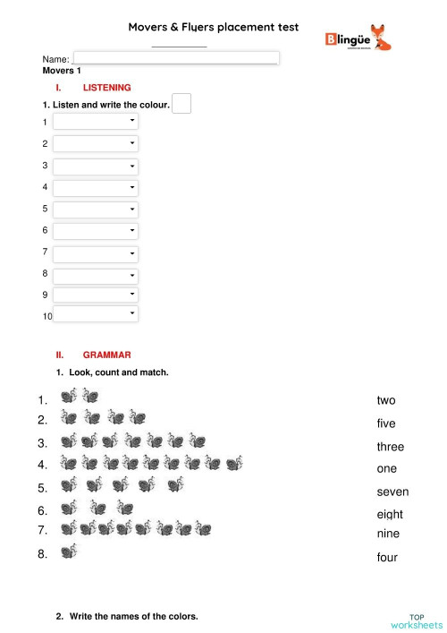 Movers & Flyers placement test. Ficha interactiva | TopWorksheets