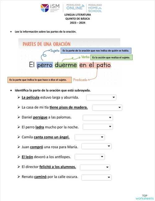 PARTES DE LA ORACIÓN. Ficha interactiva | TopWorksheets
