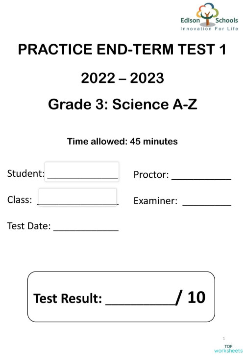 [Science 3] Practice Semester 1 Test. Interactive worksheet | TopWorksheets