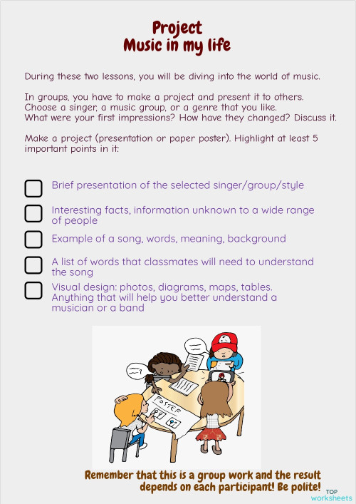 Project Music. Interactive worksheet | TopWorksheets