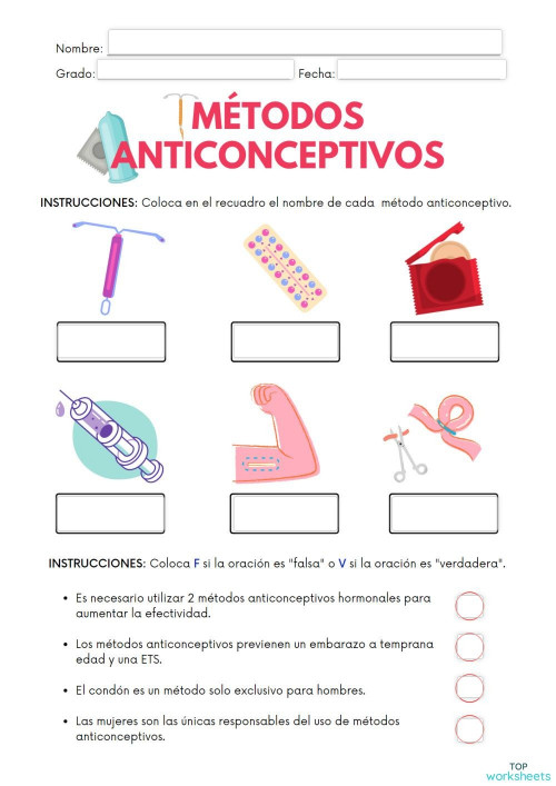 Métodos Anticonceptivos Ficha Interactiva Topworksheets