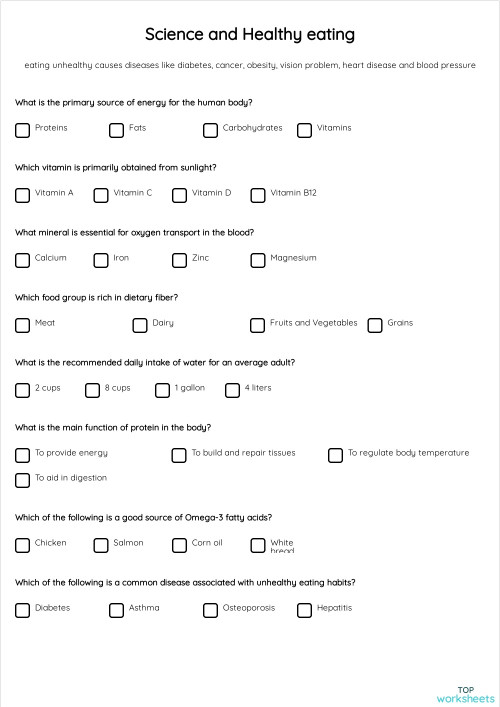 Science and Healthy eating. Interactive worksheet | TopWorksheets