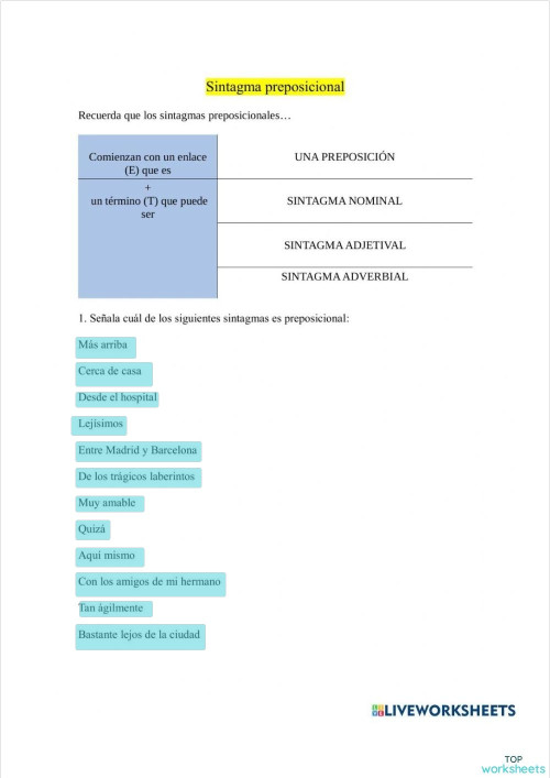 GRUPO PREPOSICIONAL. Ficha interactiva | TopWorksheets