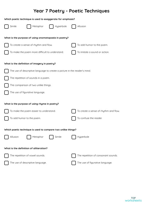 Year 7 Poetry - Poetic Techniques. Interactive worksheet | TopWorksheets