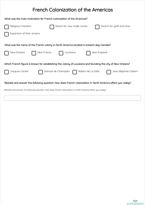French Colonization of the Americas. Interactive worksheet | TopWorksheets