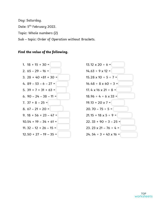 Order of Operation without Brackets. Interactive worksheet | TopWorksheets