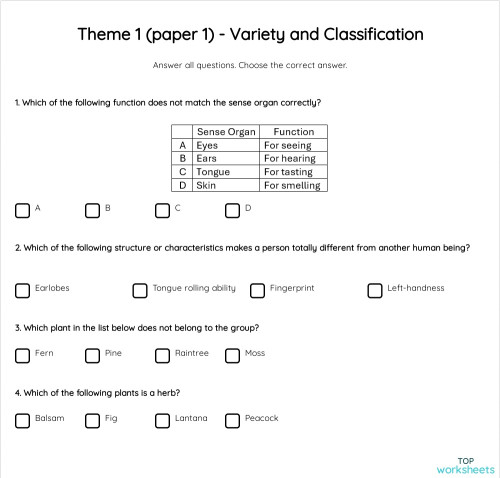 Theme 1 (paper 1) - Variety and Classification. Interactive worksheet ...