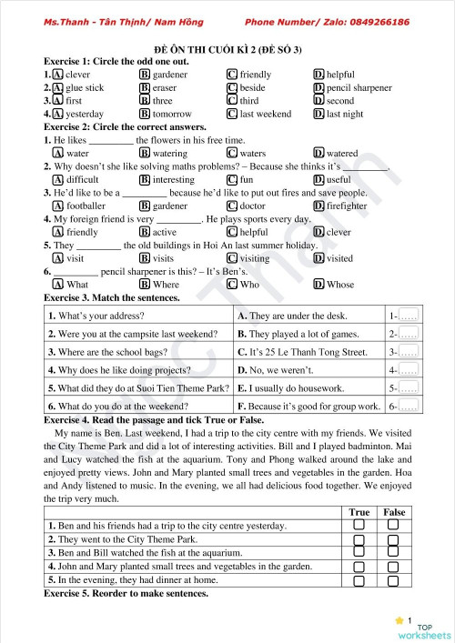 lớp 5: interactive worksheets and online exercises | TopWorksheets