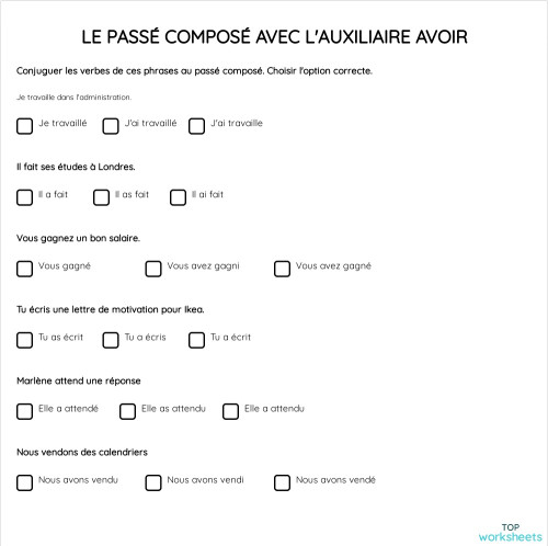 LE PASSÉ COMPOSÉ AVEC L'AUXILIAIRE AVOIR. Fiche interactive | TopWorksheets