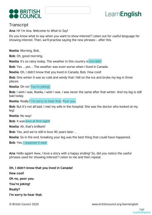 A2 Speaking - Show Interest. Interactive worksheet | TopWorksheets