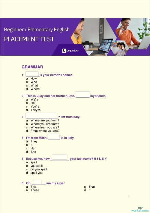 Beginner/Elementary English palcement Test: interactive worksheets and ...