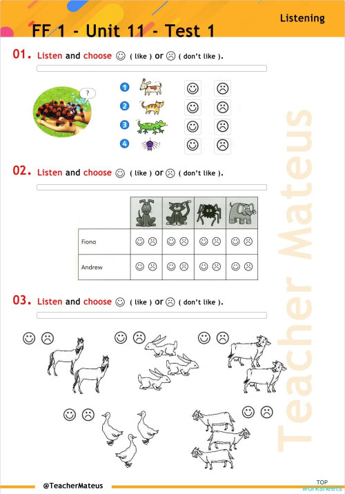FF 1 - Unit 11 - Test 1 - Listening. Interactive worksheet | TopWorksheets
