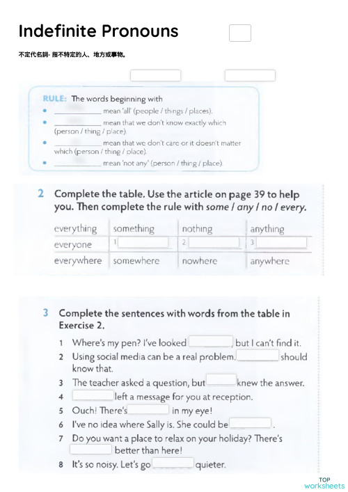 Think 2 - P 40 - Indefinite Pronouns. Interactive worksheet | TopWorksheets
