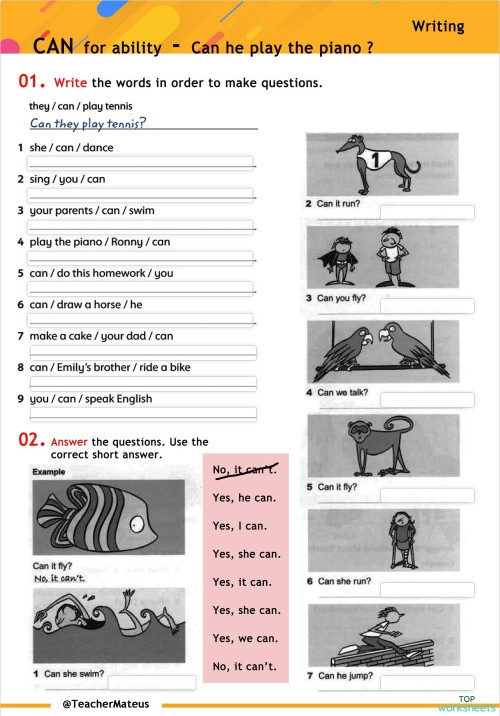 CAN for ability - 6 - Can he play the piano ? - Writing - TM0367 ...