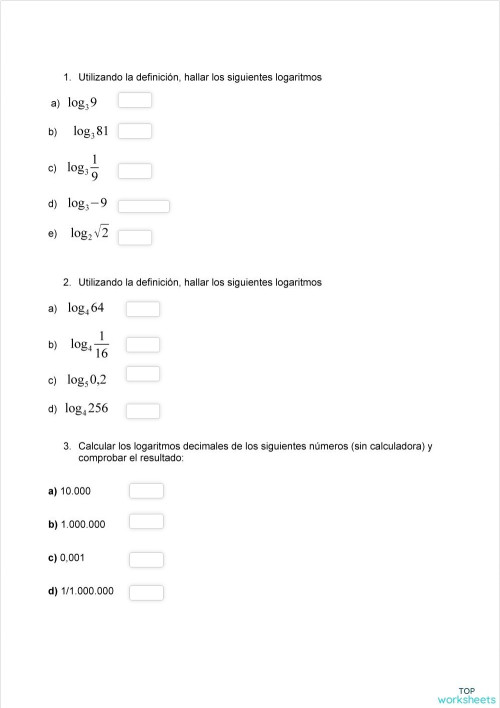 Logaritmos: fichas interactivas y ejercicios online | TopWorksheets