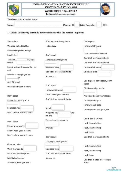 10A - Worksheet 10 - Lyrics Gap. Interactive worksheet | TopWorksheets