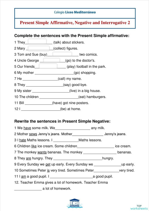 Present Simple Affirmative, negative and Interrogative 2. Interactive ...