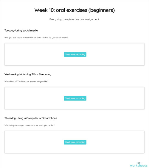 Week 10: oral exercises (beginners). Interactive worksheet | TopWorksheets